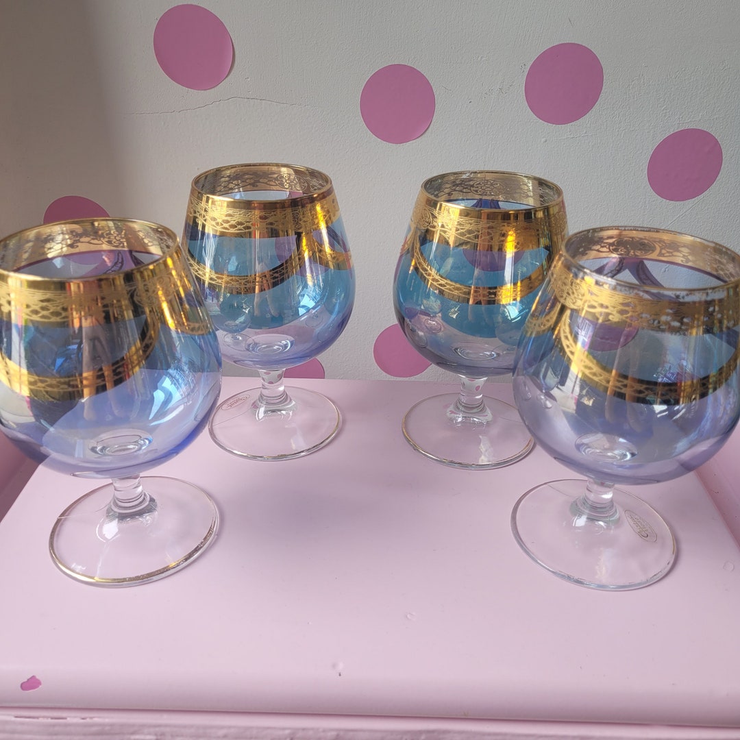 Vintage Brandy Snifters Cristal Mode, Italy, Baby Blue With Gold Etched ...