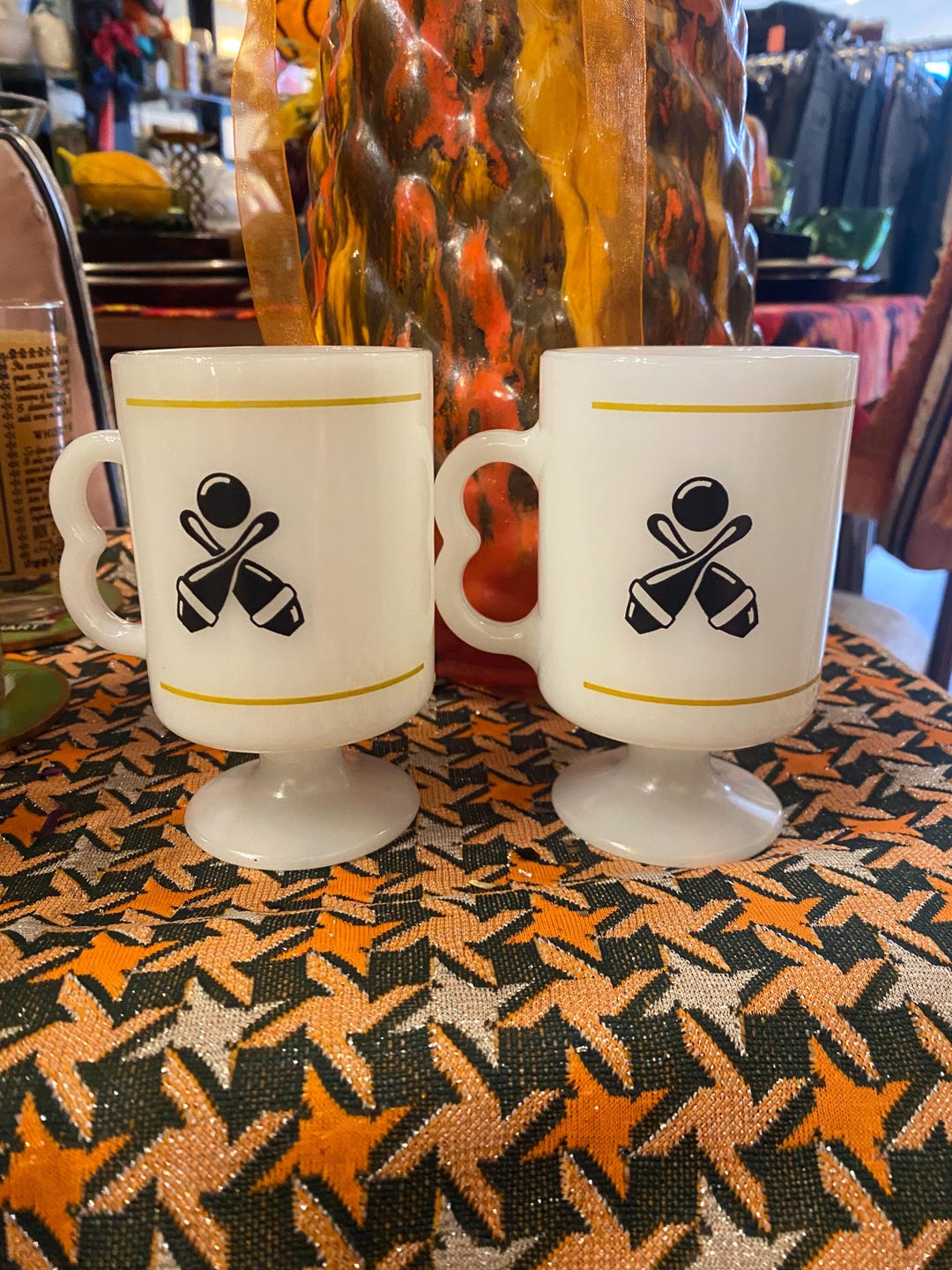 Vintage Mid Century Milk Glass Bowling Themed Mugs pair - Etsy