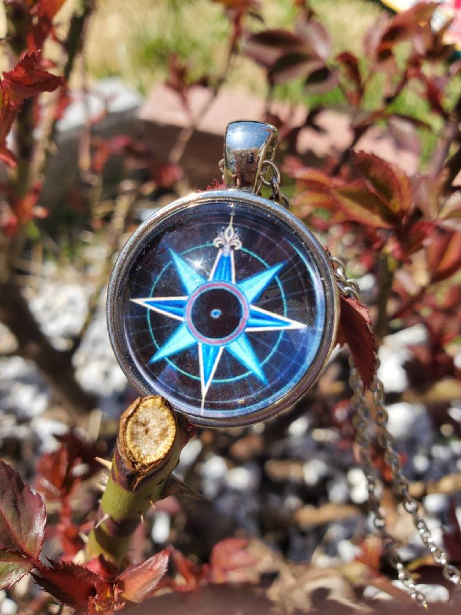 Vintage Compass Wind Rose Nautical Silver Plated Glass Cabochon Pendant ...