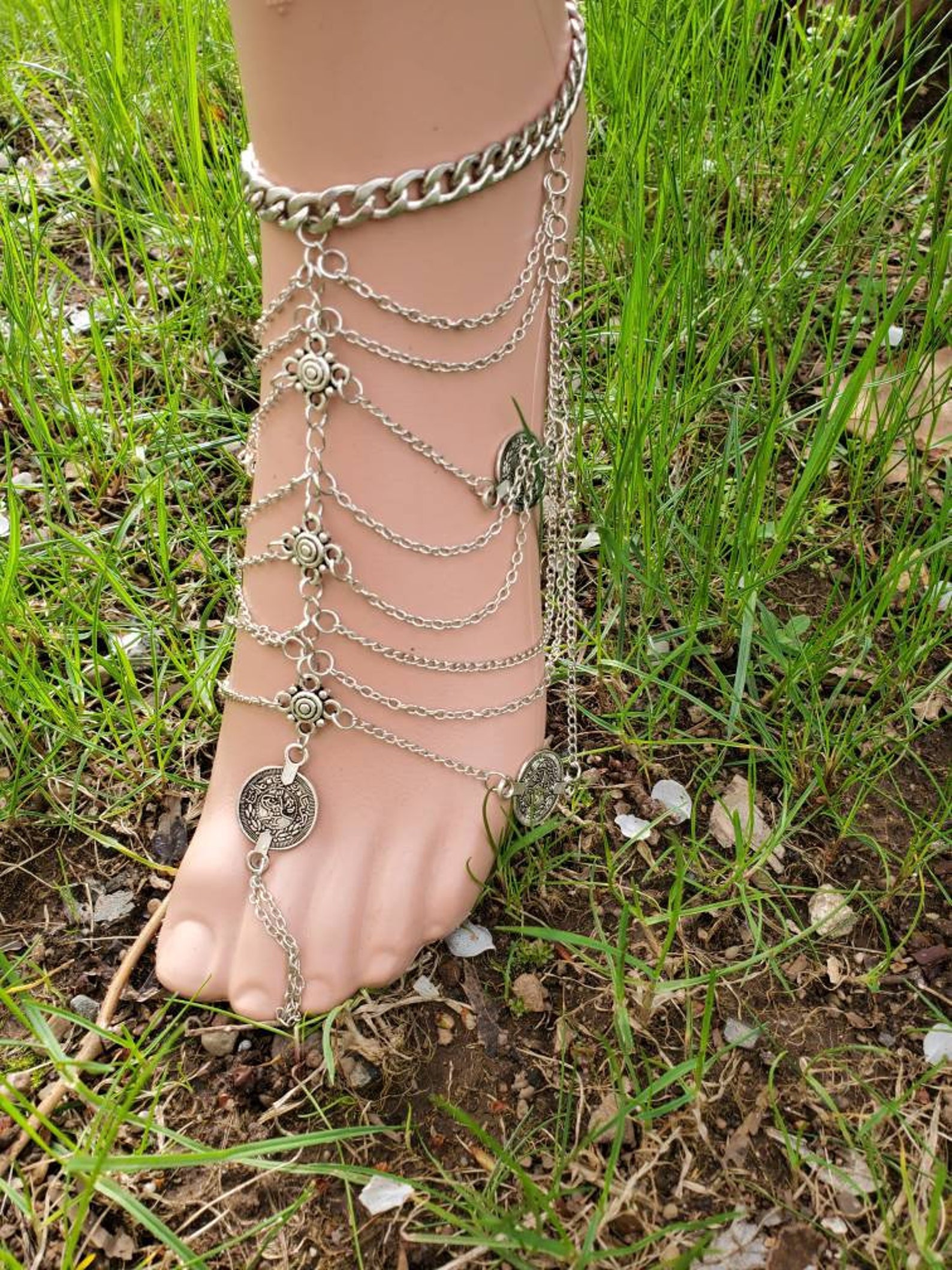 Silver Plated Antique Silver Coin Tassel Anklet Adjustable - Etsy
