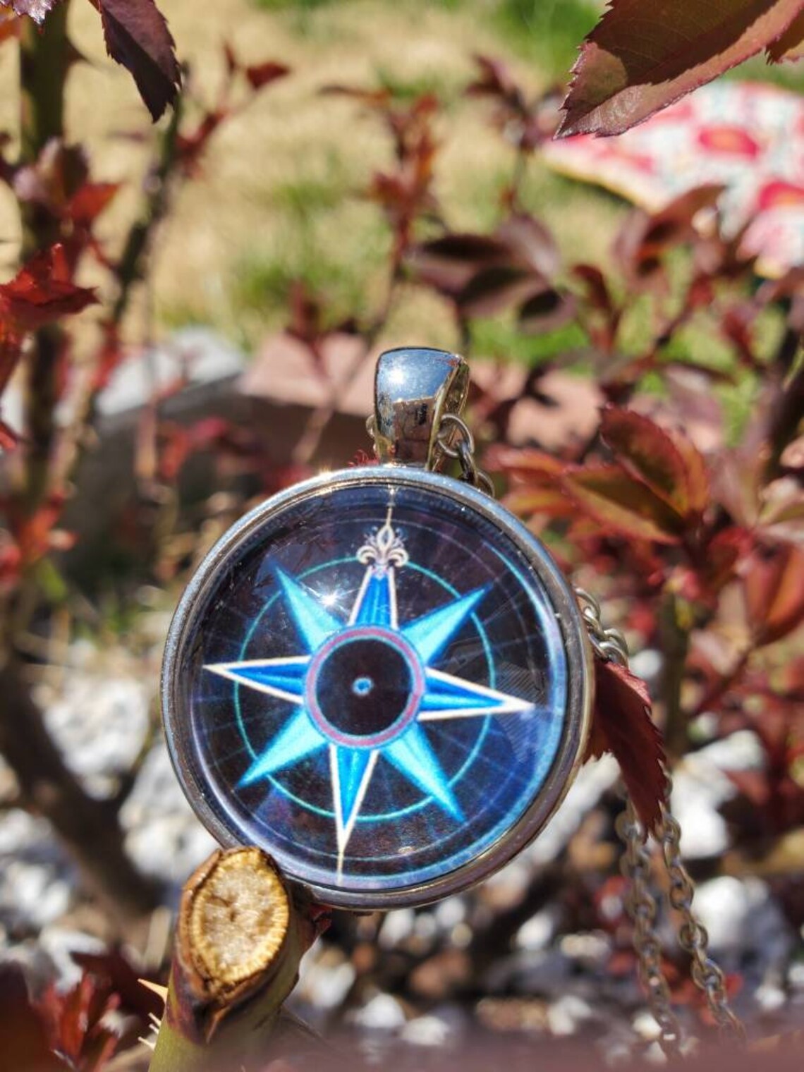 Vintage Compass Wind Rose Nautical Silver Plated Glass Cabochon Pendant ...