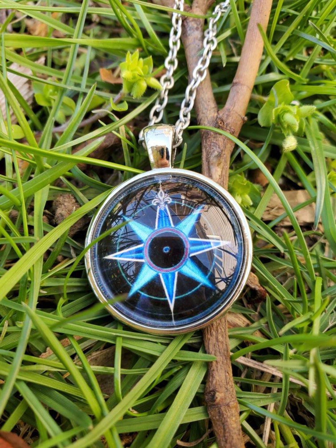 Vintage Compass Wind Rose Nautical Silver Plated Glass Cabochon Pendant ...