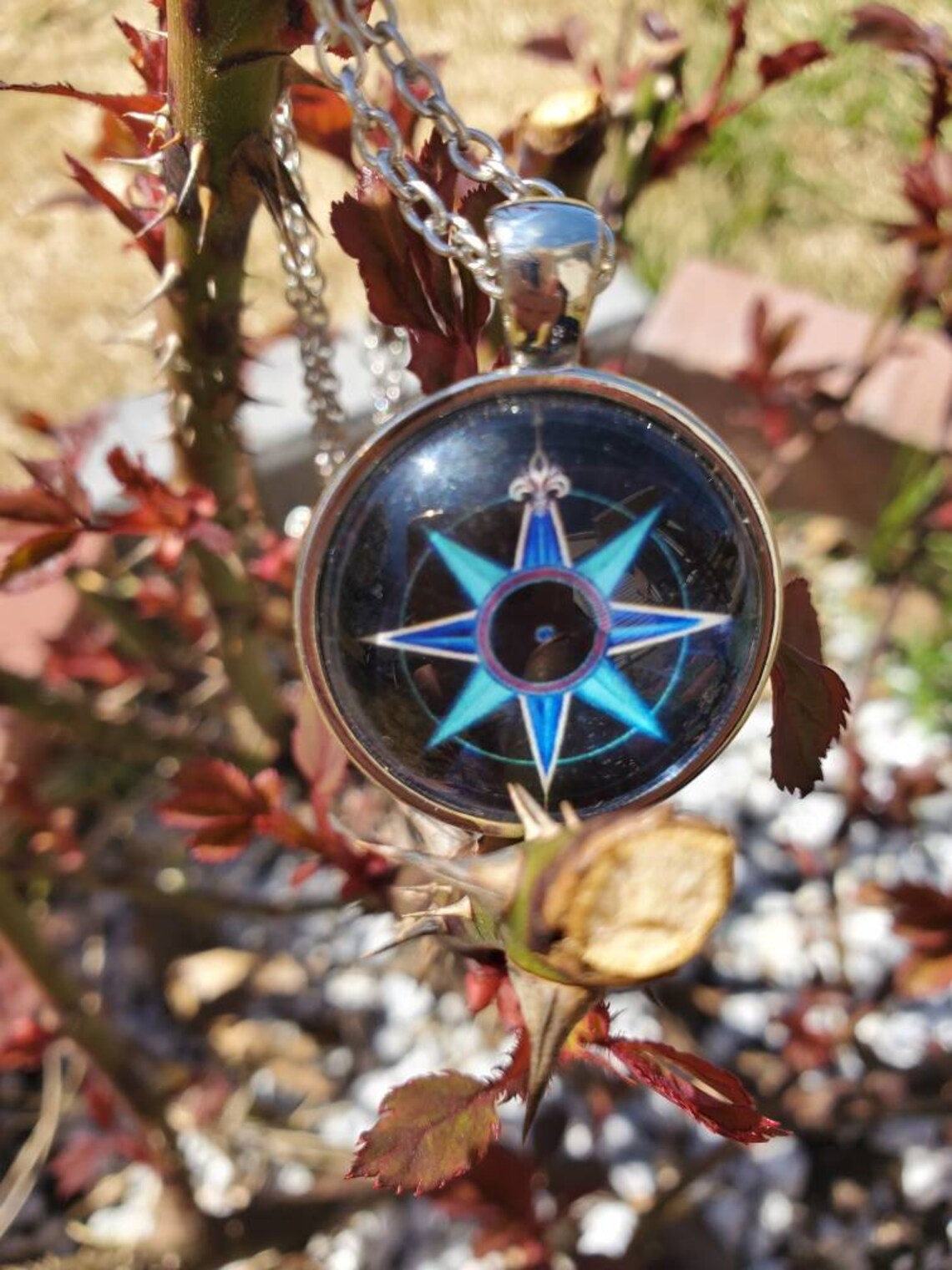 Vintage Compass Wind Rose Nautical Silver Plated Glass Cabochon Pendant ...