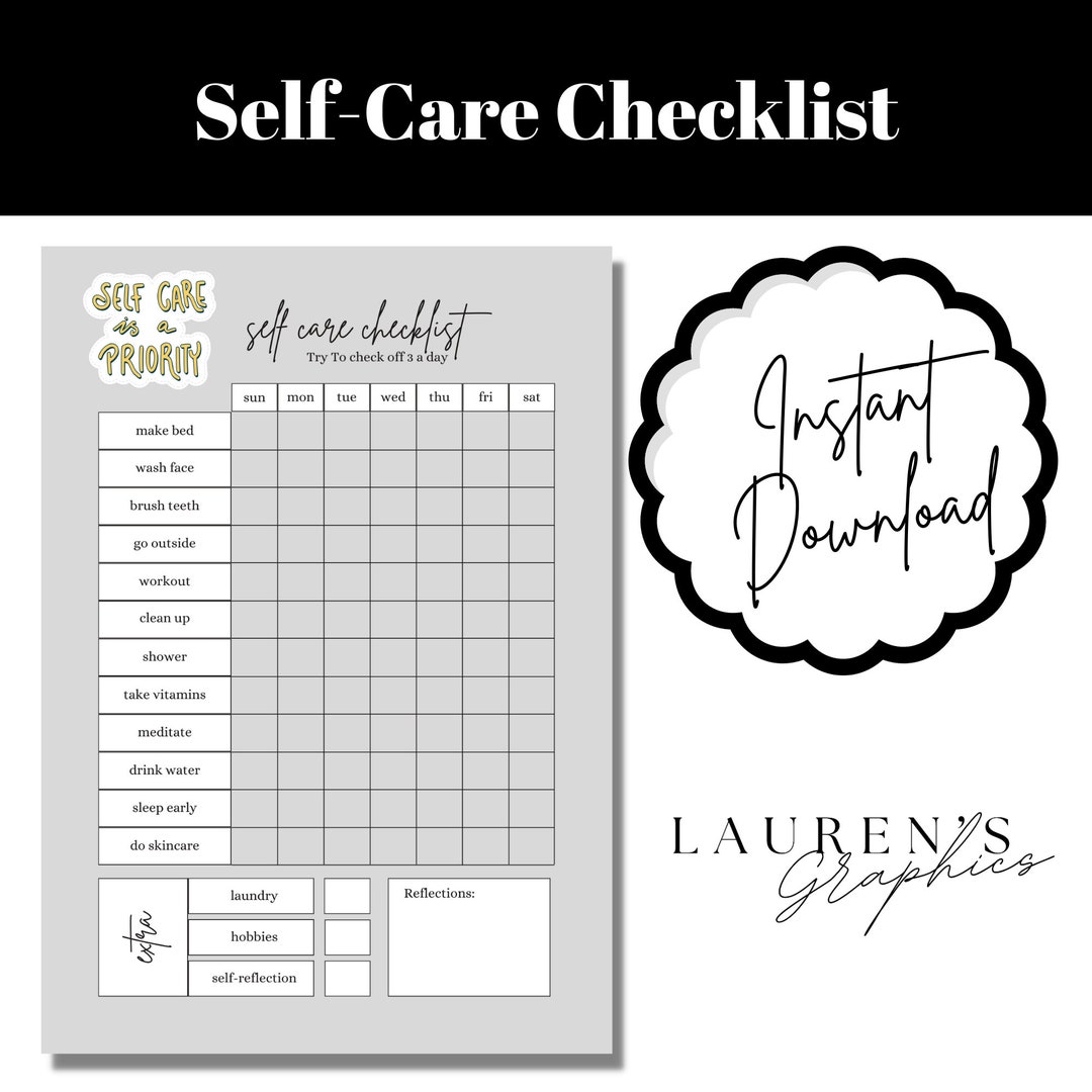 Self Care Checklist, Printable Digital PDF Wellness Planner, Self Care ...