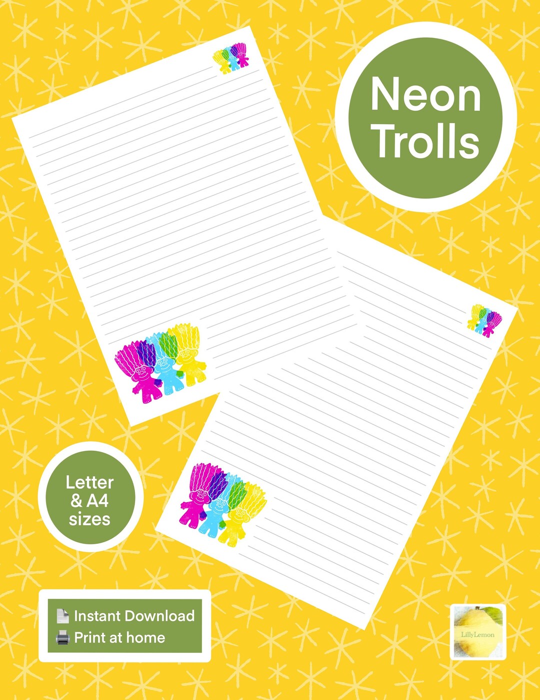 PRINTABLE STATIONERY for KIDS, Neon Trolls, Stationary, Writing Paper ...