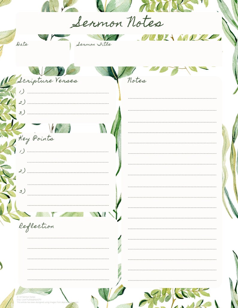 One Page Sermon Notes | Letter Size Digital Download | Watercolor ...