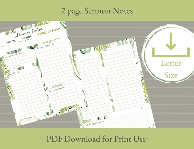 Two Page Sermon Notes | Letter Size Digital Download | Watercolor ...