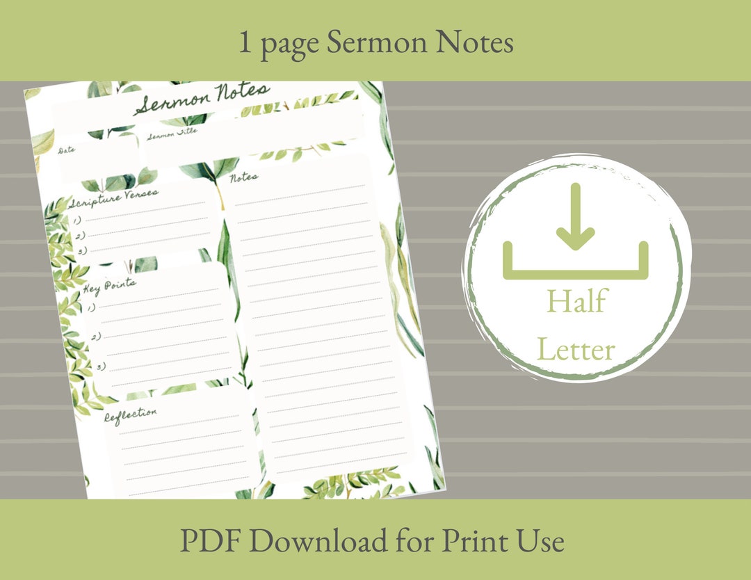 One Page Sermon Notes | Half Letter | Digital Download | Watercolor ...