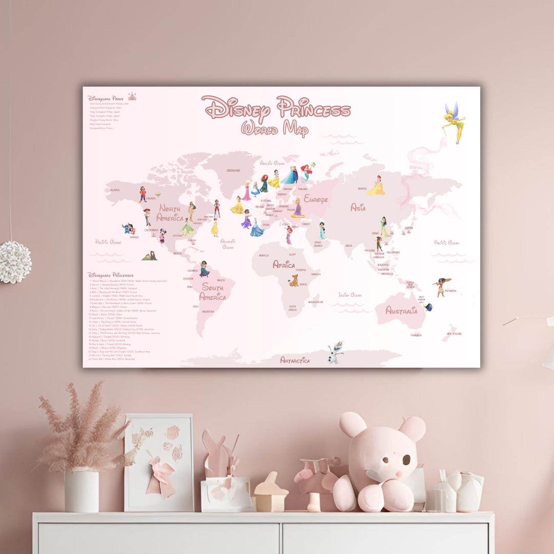 Disney Princess World Map Disney-inspired Wall Art Playroom Decor ...