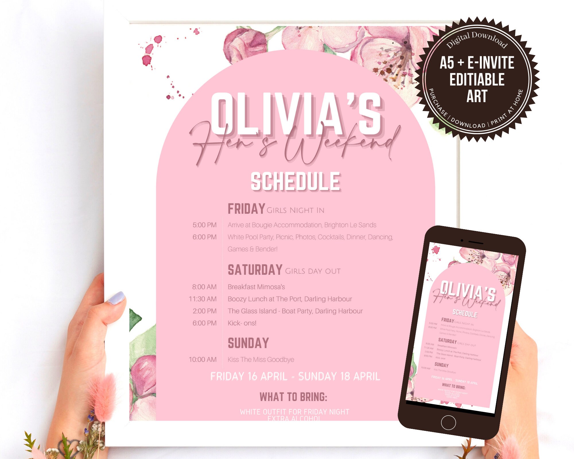 Bachelorette Party Schedule A5 And Iphone Invite Hens Party Etsy