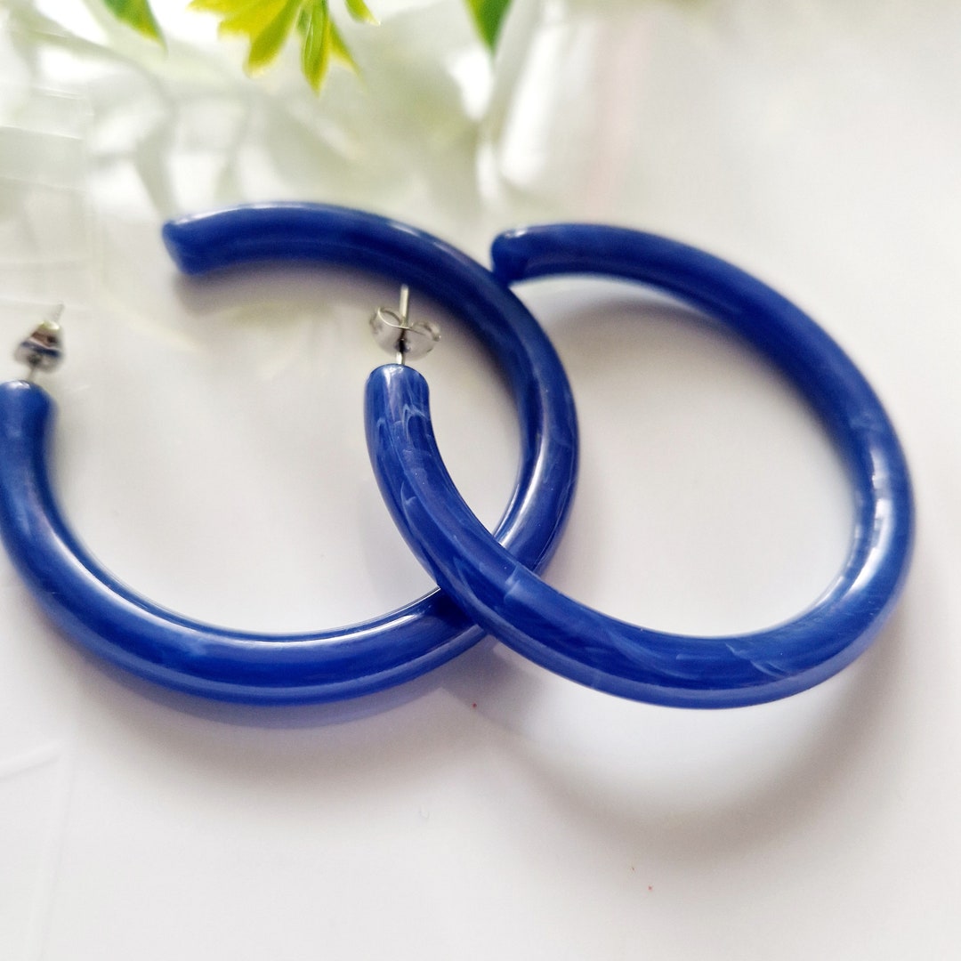 Blue Hoop Earrings Large, Resin Hoop Earrings, Chunky Hoop Earrings ...