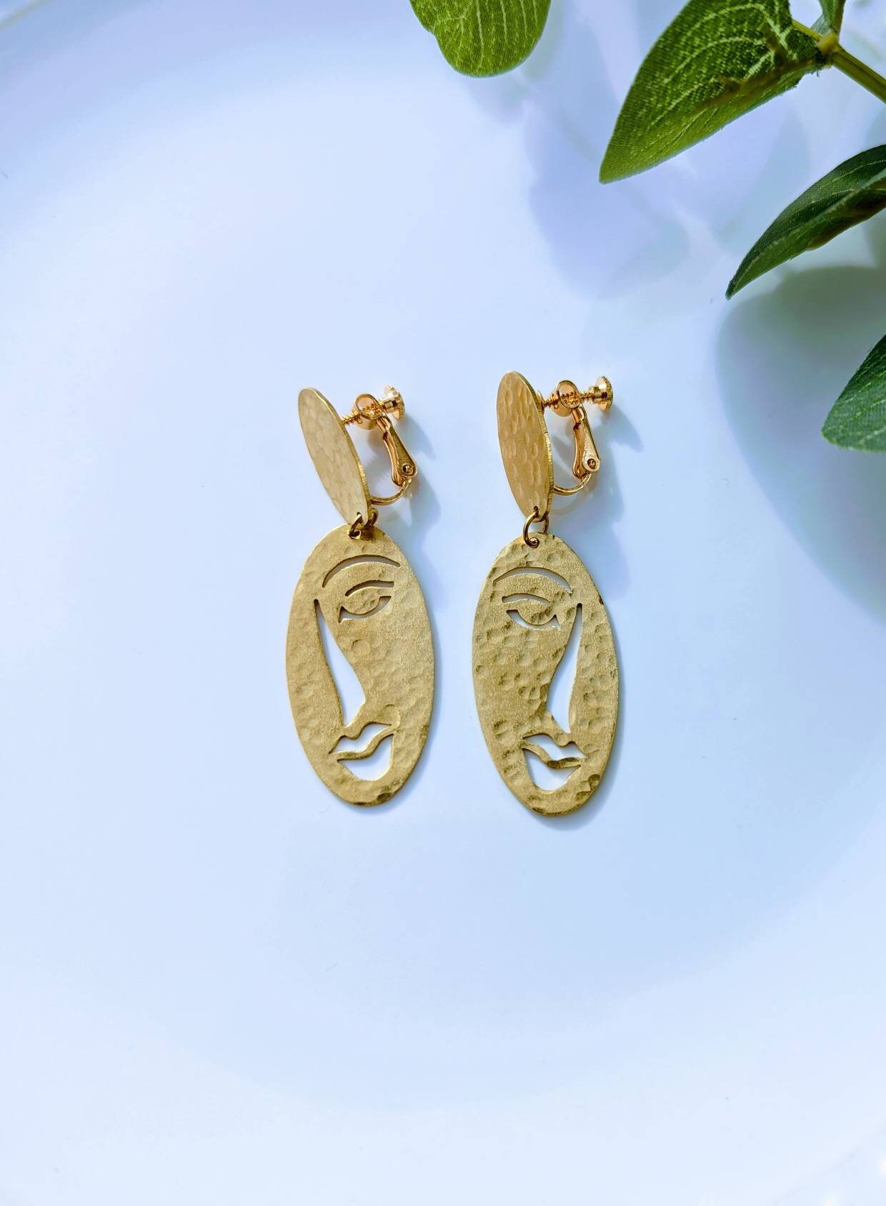 Clip on Earrings for Women, Abstract Earrings, Brass Face Earrings ...