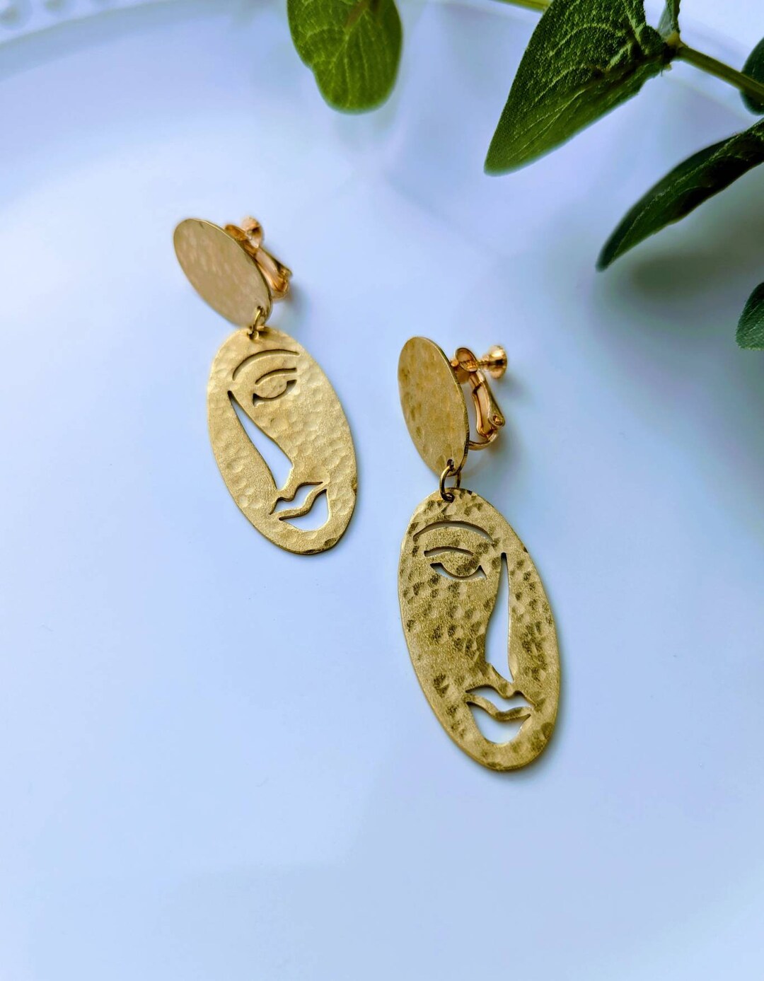Clip on Earrings for Women, Abstract Earrings, Brass Face Earrings ...