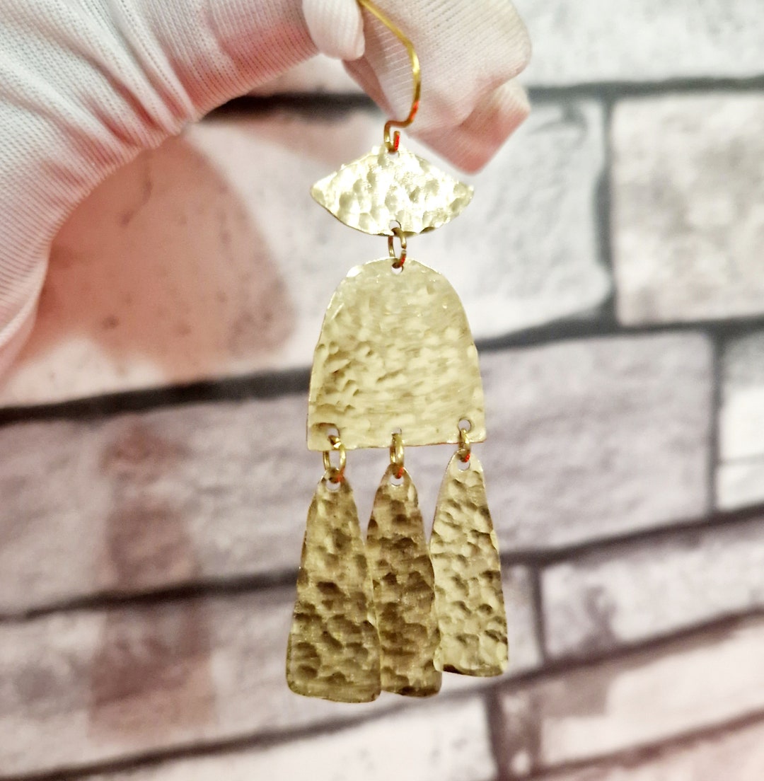 Beaten Brass, Gold Abstract Earrings, Hammered Statement Earrings ...