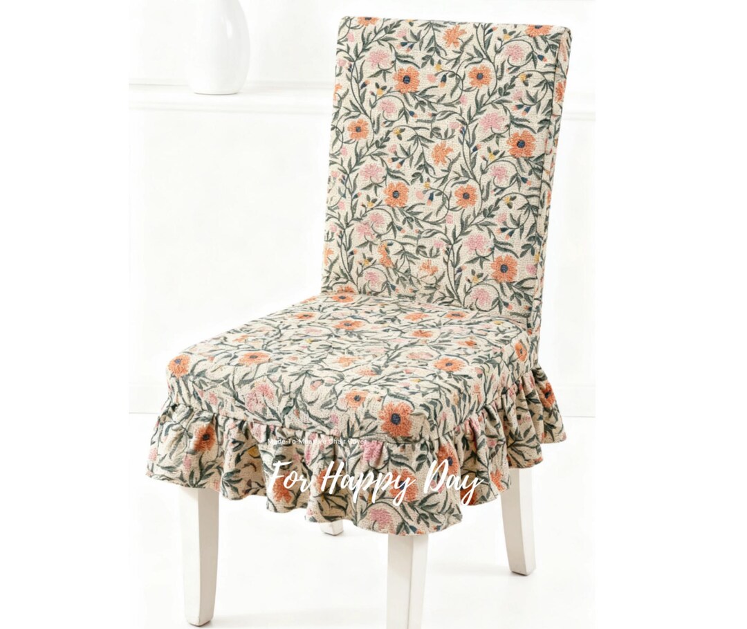 Customized Floral Dining Chair Cover - Faux Linen Ruffle Chair Cover ...