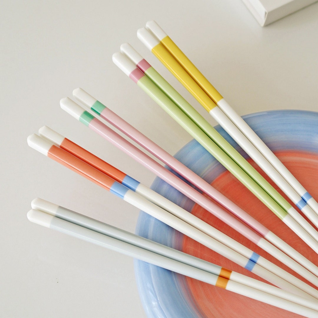 Macaroon Colored Ceramic Chopsticks / Colorful Striped 5 Pairs Set ...