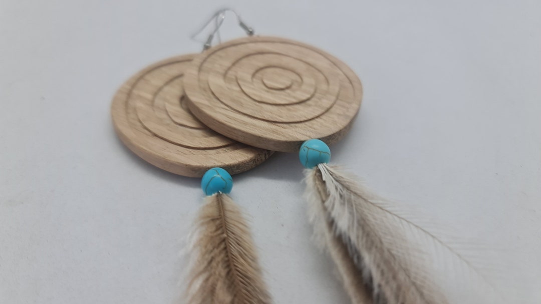 EMU Feather Earrings - Ash Wood - Turquoise Bead - Aboriginal Made - Etsy
