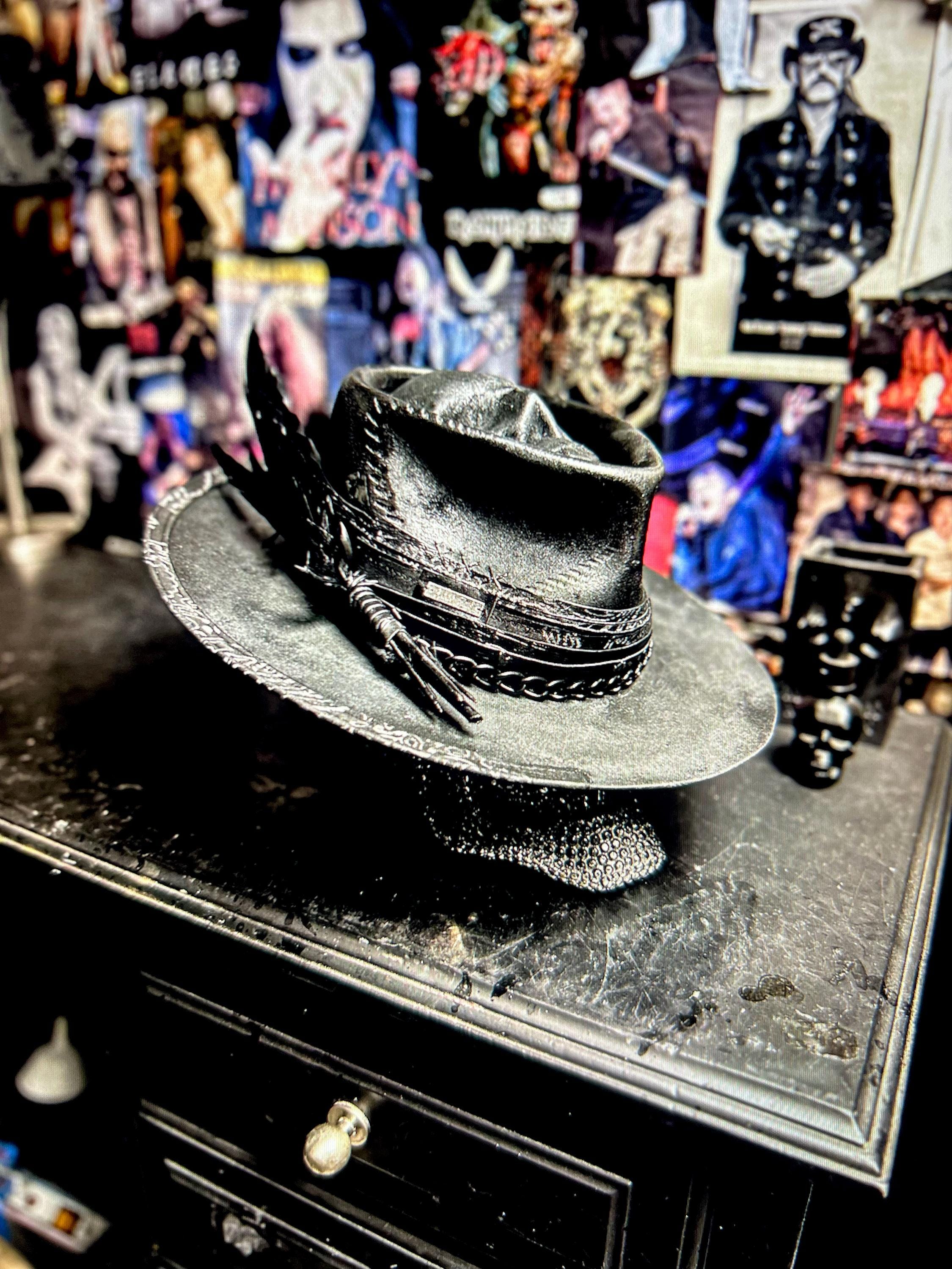 Worn and Distressed Black Felt Hat, Black Calfskin, Natural Goose ...