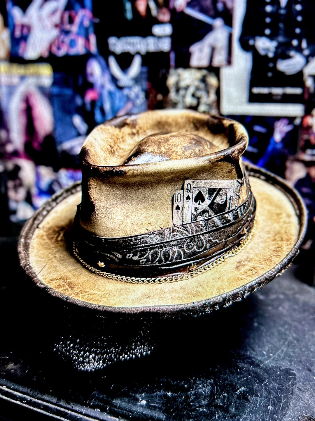Worn and Distressed Beige Felt Hat, Genuine Leather, 100% Cotton Fabric ...