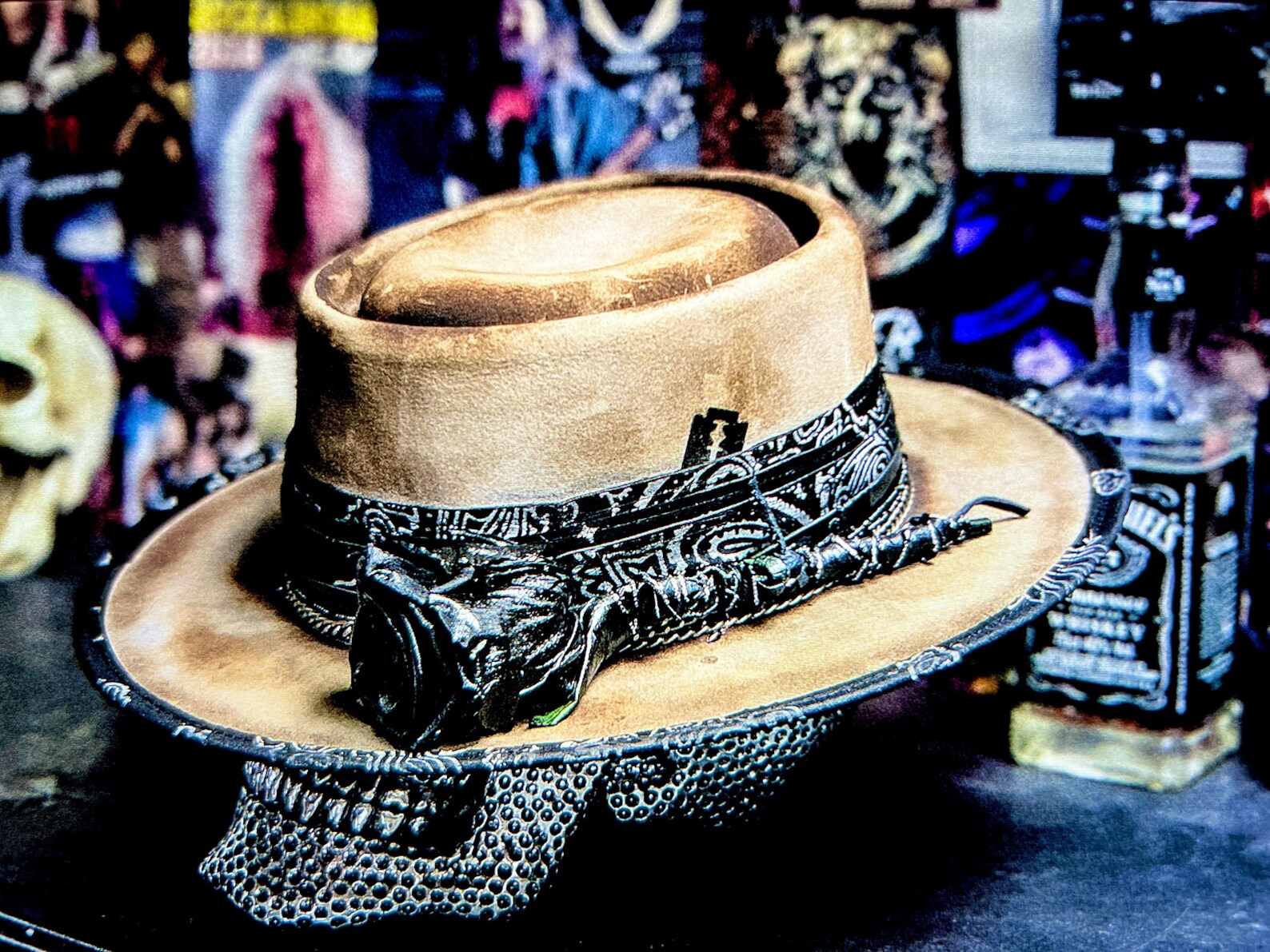 Worn and Distressed Grey Felt Hat, Genuine Leather, Natural Rose and Stainless Steel Details ...