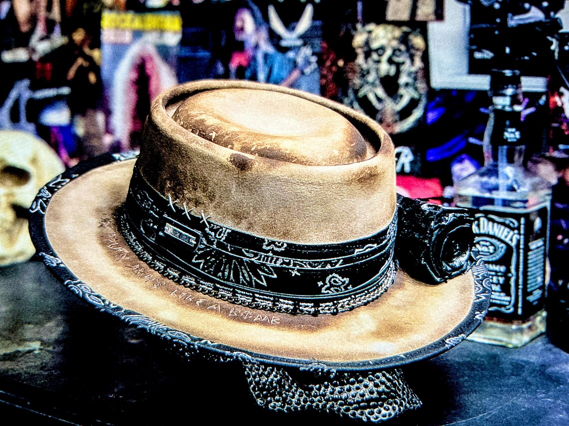 Worn and Distressed Grey Felt Hat, Genuine Leather, Natural Rose and Stainless Steel Details ...