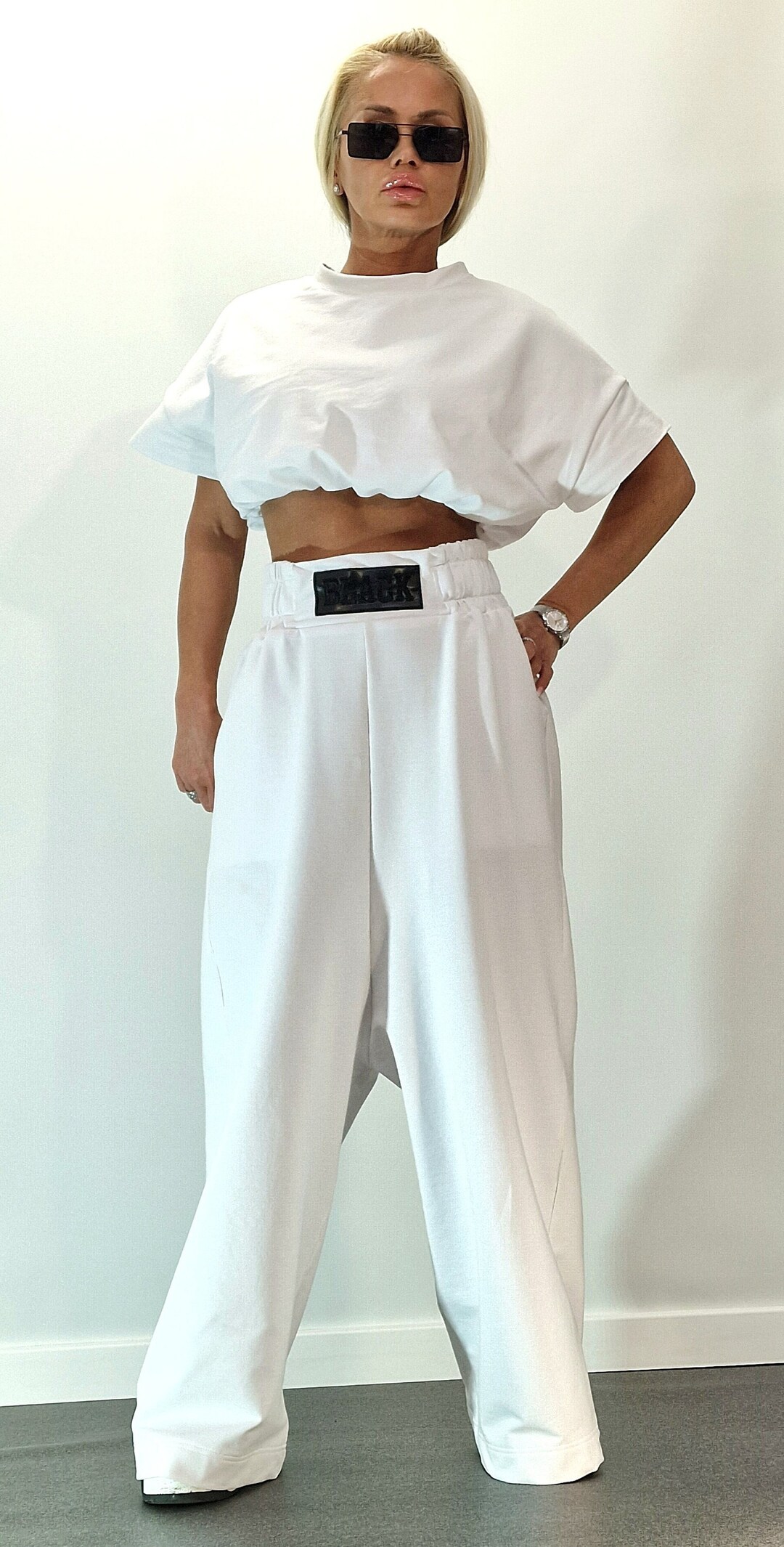 White Cotton Crop Top Set: Avant-garde Loose Pants - Etsy