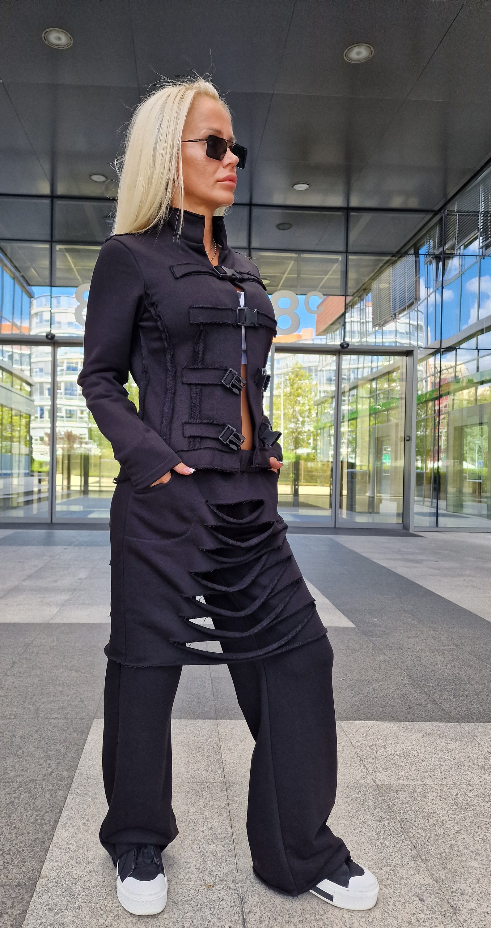 Cotton Women Black Set Loose Pants With Skirt Asimetric - Etsy