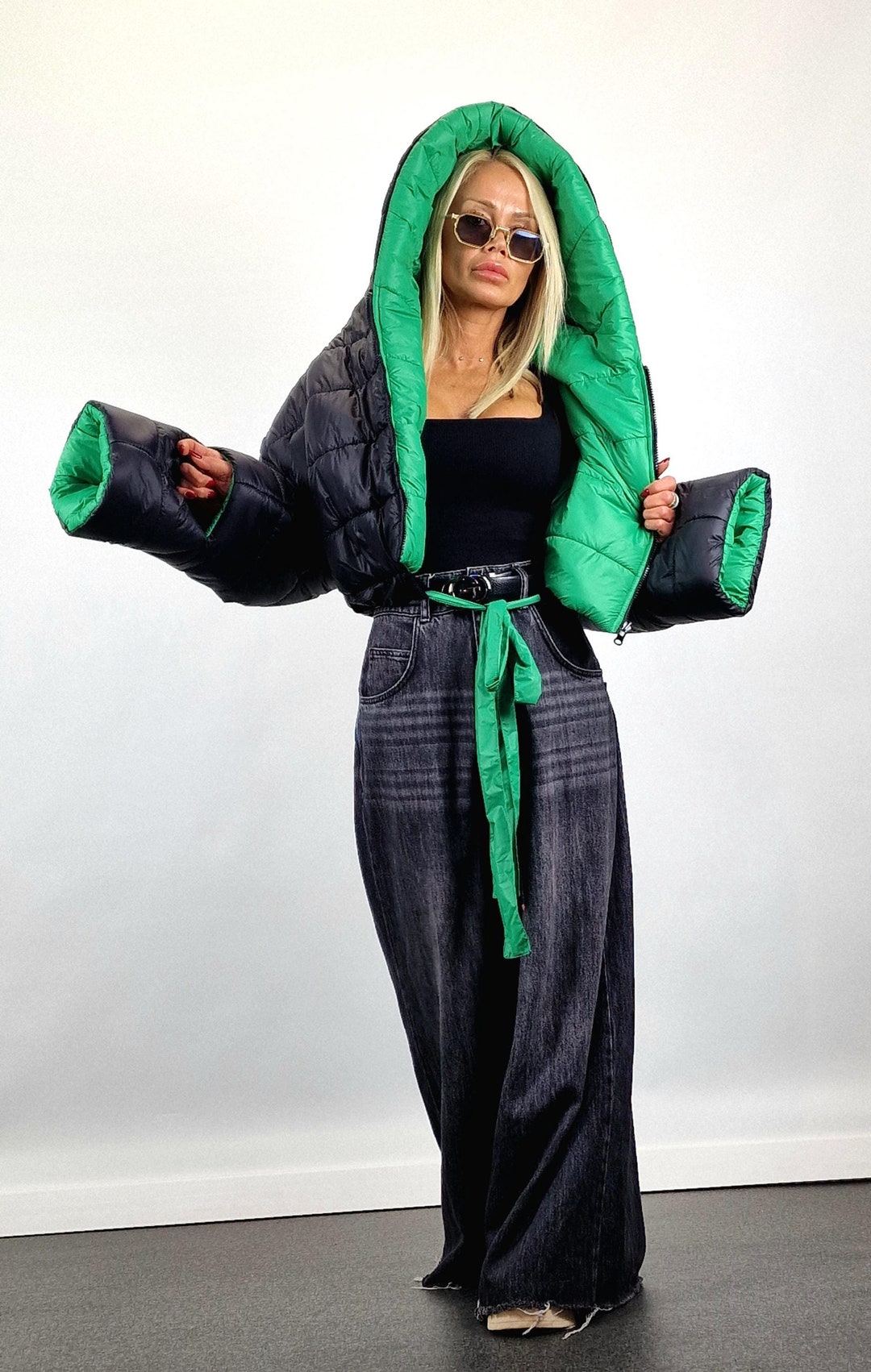 Oversized Hooded Puffer Jacket: Avant-garde Black & Green - Etsy