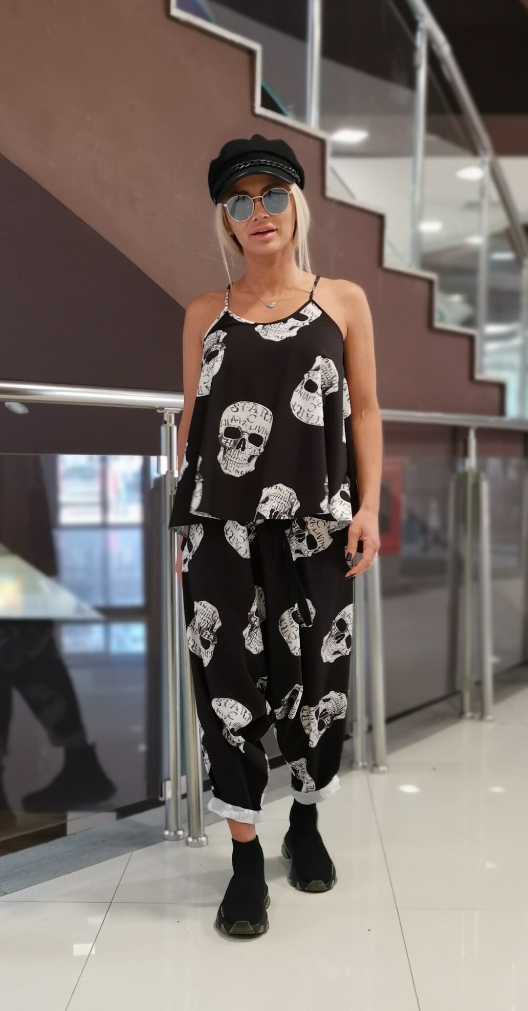 Gothic Set, Women Two Parts Set, Sculls Print Women Set, Baggy Pants ...