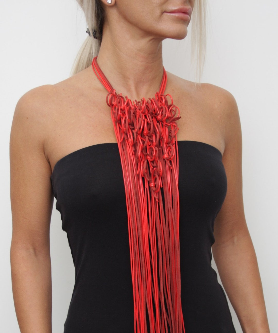 Handmade Long Leather Necklace/ Extravagant Necklace in Red - Etsy