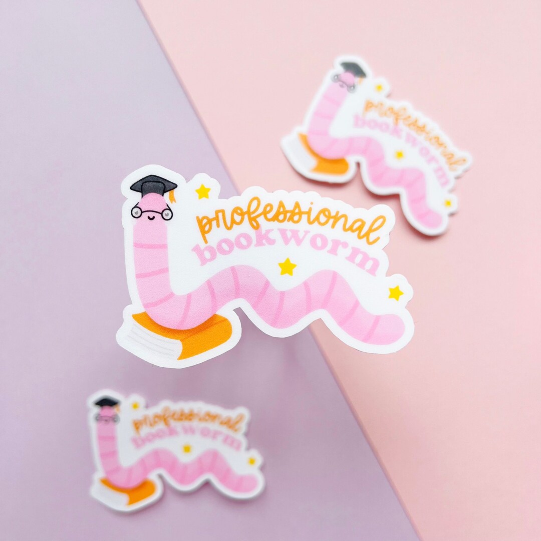 Professional Bookworm Sticker – Cute Bookworm Professor, Pink & Orange ...