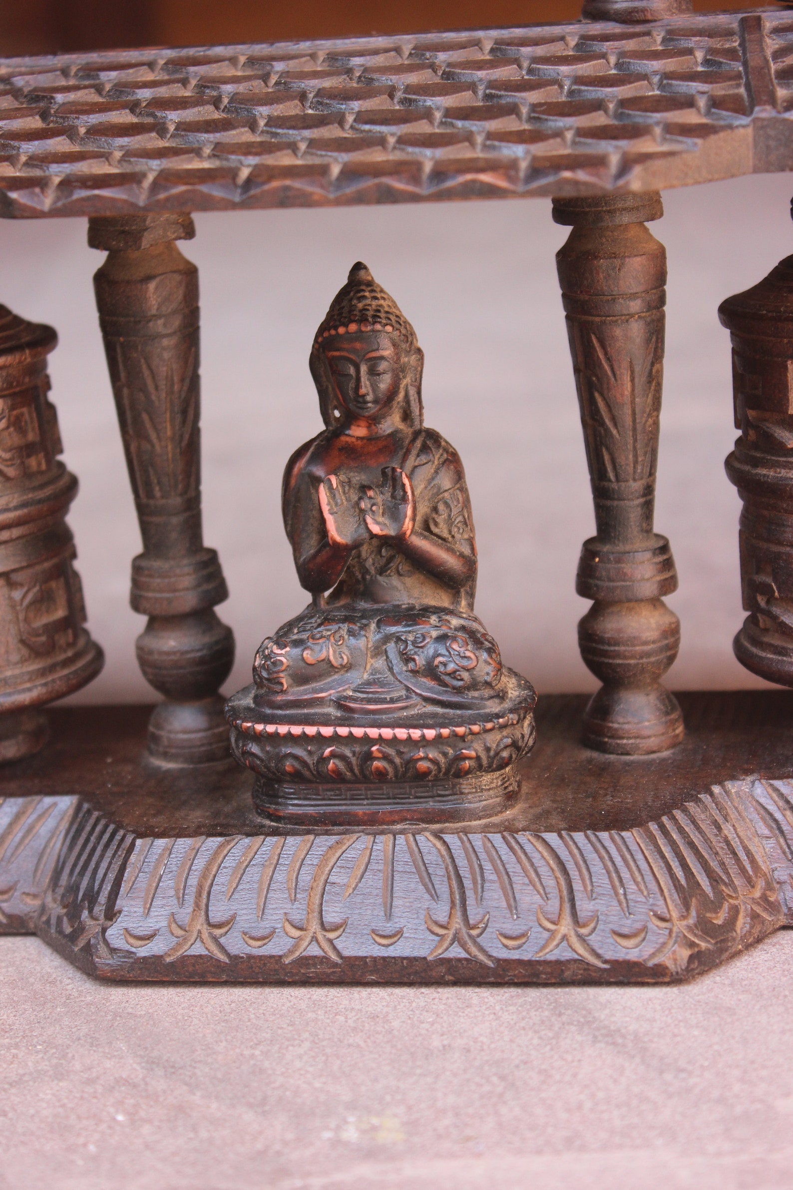 Wooden Buddhist temple prayer wheel with buddha statue/prayer | Etsy