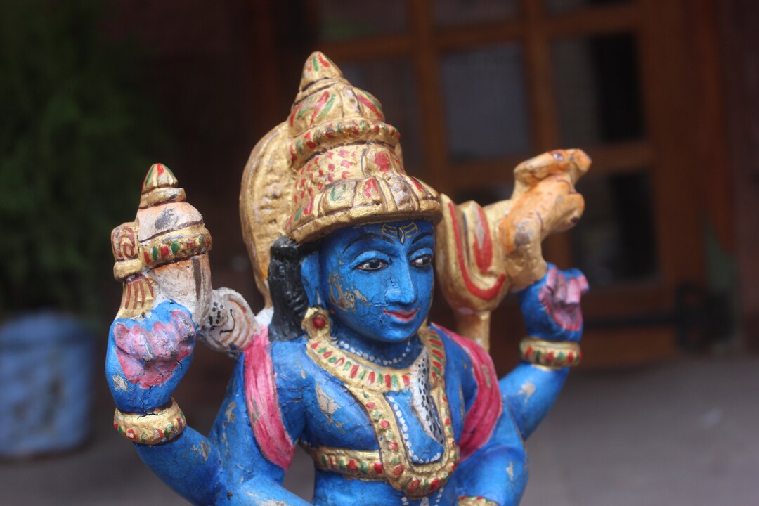 Handmade Wooden Vishnu Statue: Blue Painted Indian Decor - Etsy