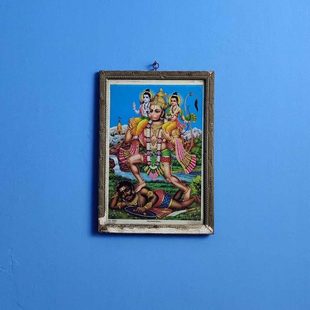 Vintage Hanuman Killing Monster Print With Original Antique Frame Wall ...