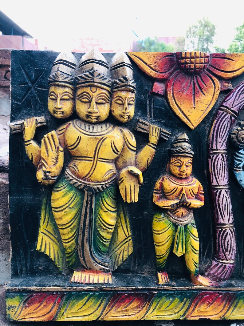 Wooden Hand Carved Panel of Brahma Vishnu Mahesh Panel Wall - Etsy