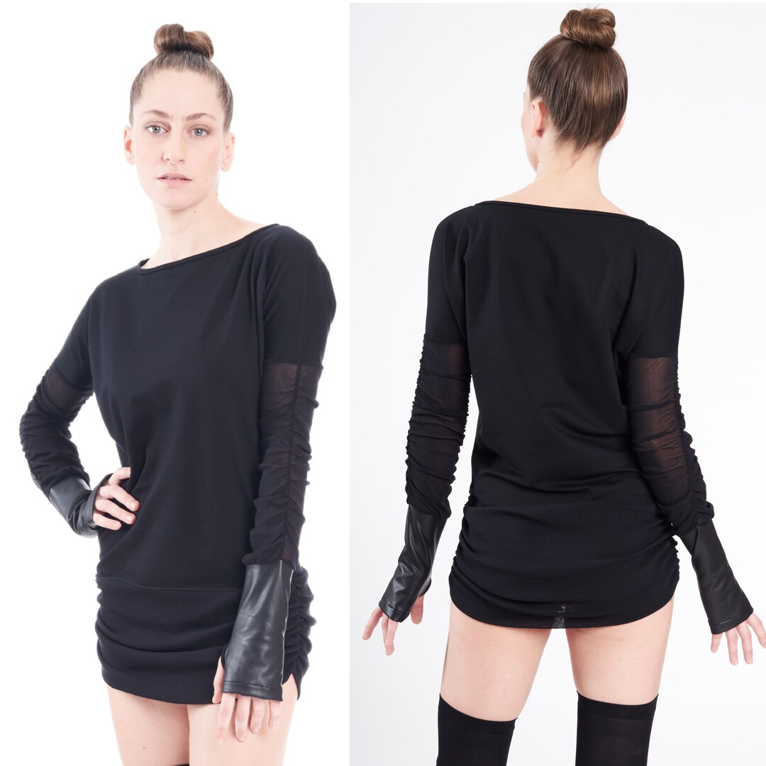Gothic Tunic With Tulle Sleeves and Leather Cuffs Witchy Strega Blouse ...