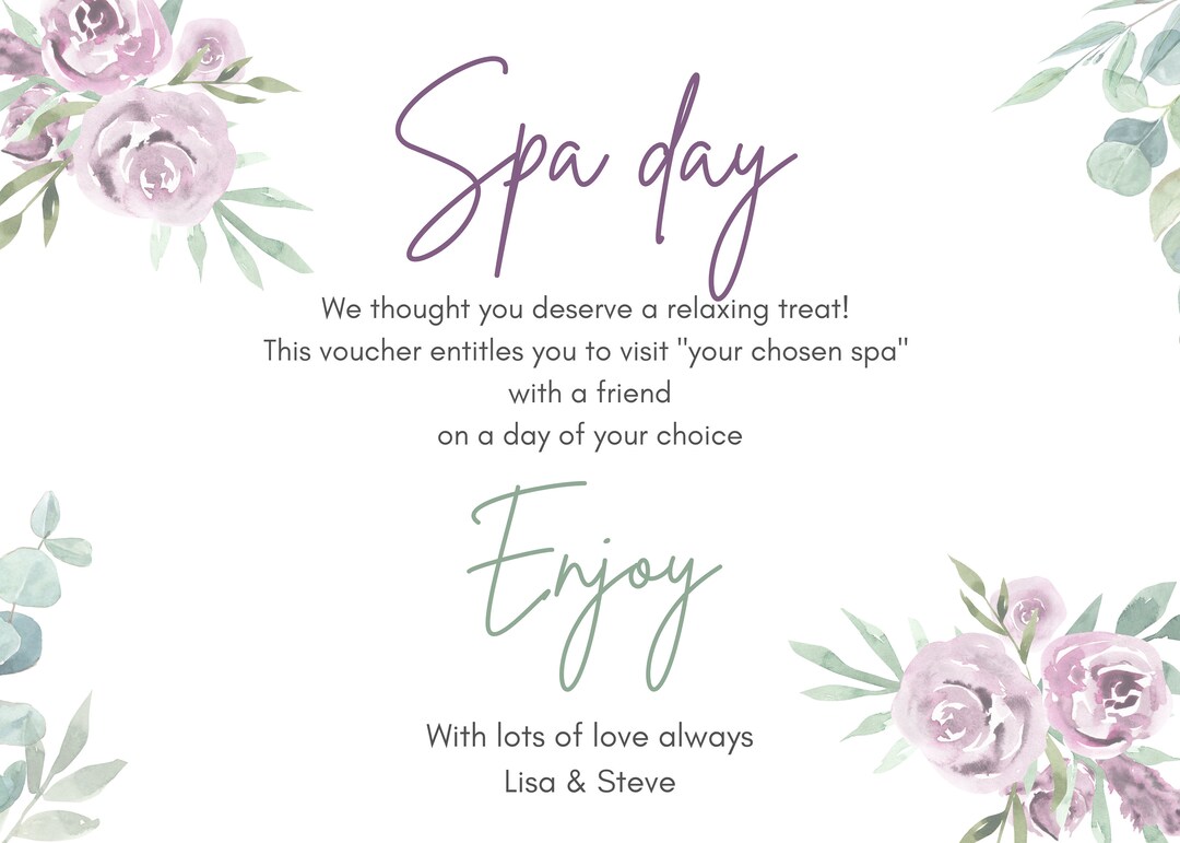 Personalized Spa Day, Gift Certificate, Gift Voucher, Template, Spa Day ...