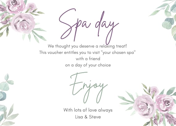 Personalized Spa Day Gift Certificate Gift Voucher - Etsy