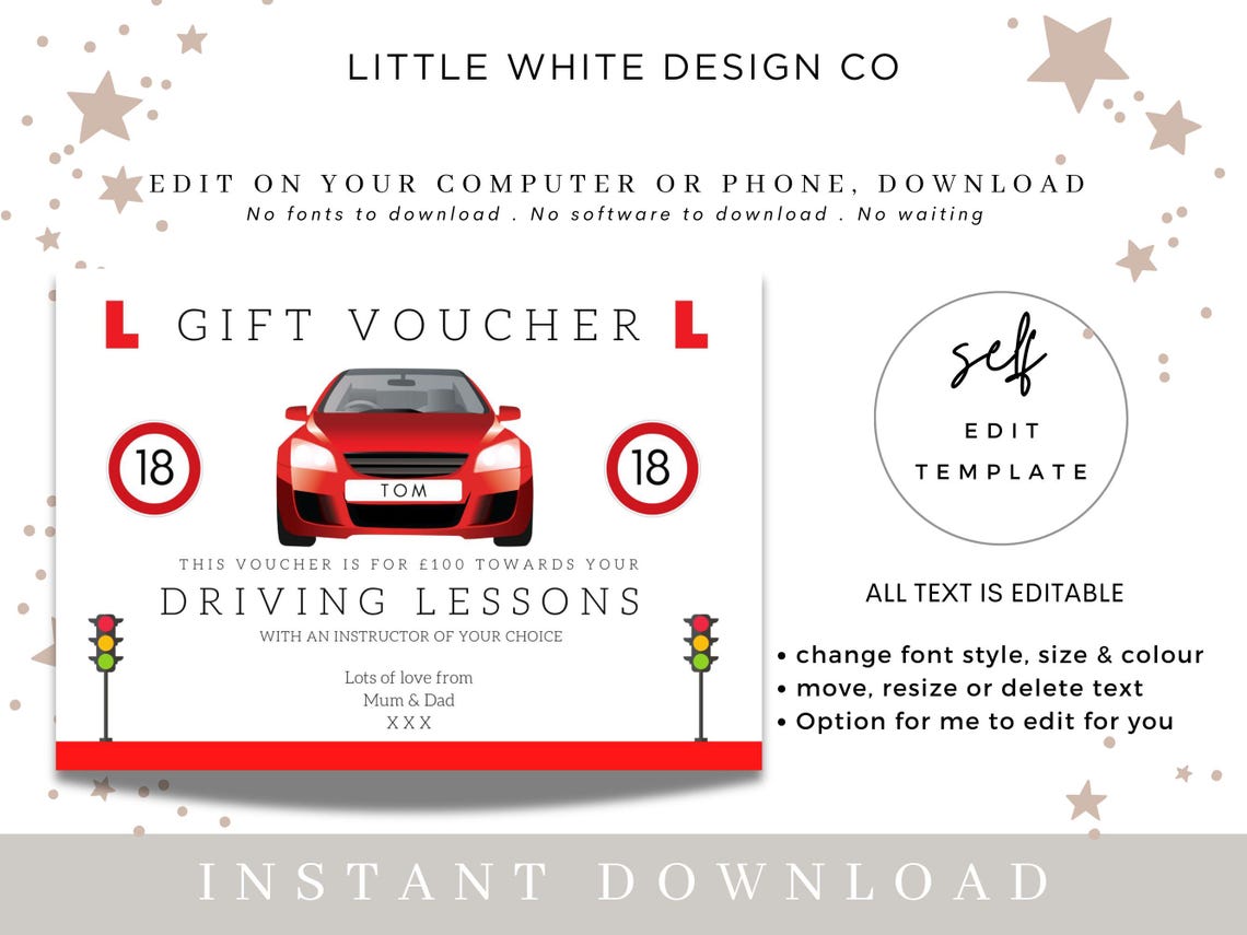 Editable Driving Lesson Gift Voucher | Printable Gift Certificate ...