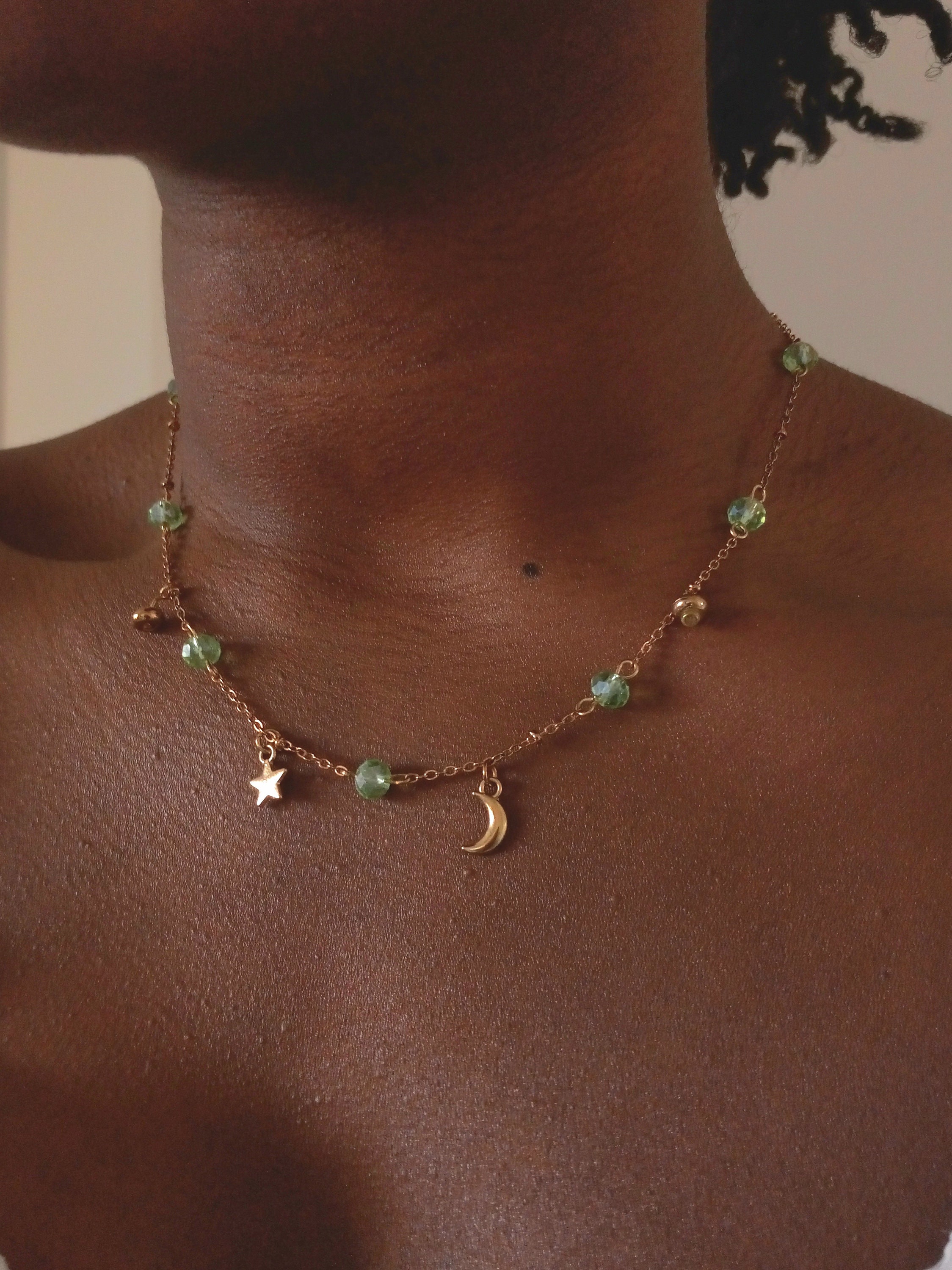 Moon and Star Necklace, Star Charm Necklace, Crystal Bead Necklace ...