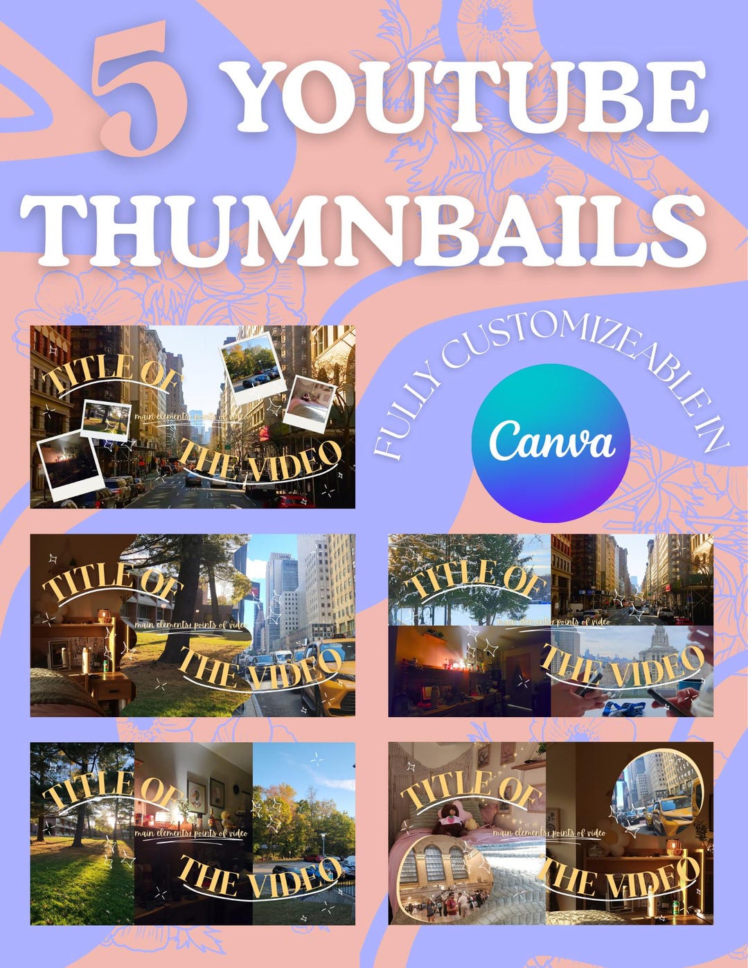 Youtube Thumbnail Templates, One Text Style With 5 Layouts, Canva ...