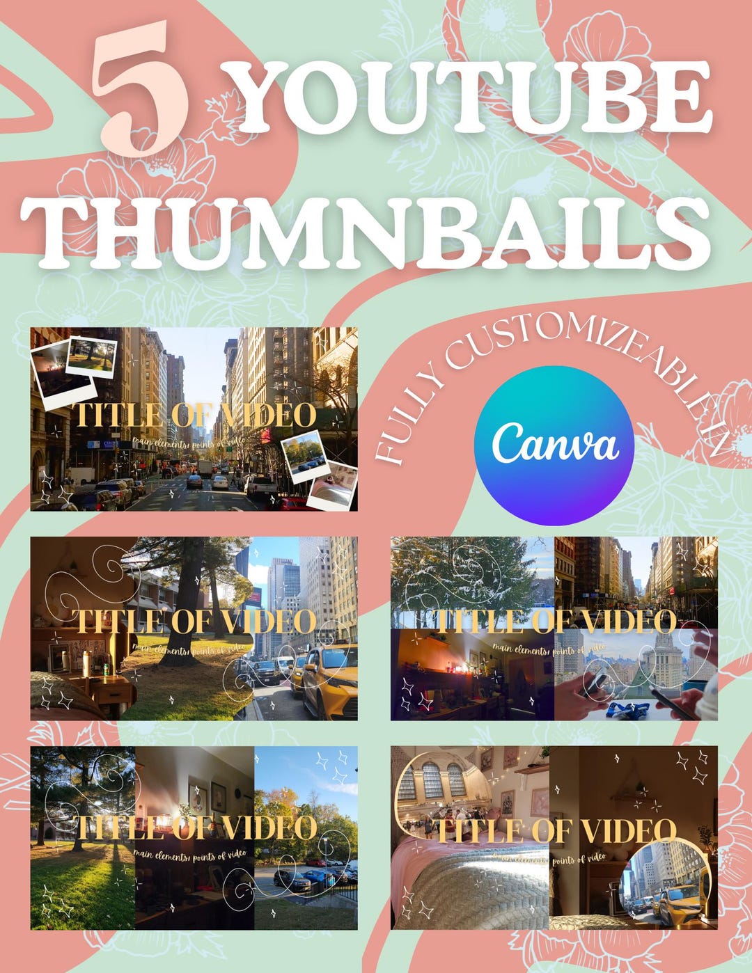 Youtube Thumbnail Templates, One Text Style With 5 Layouts, Canva ...