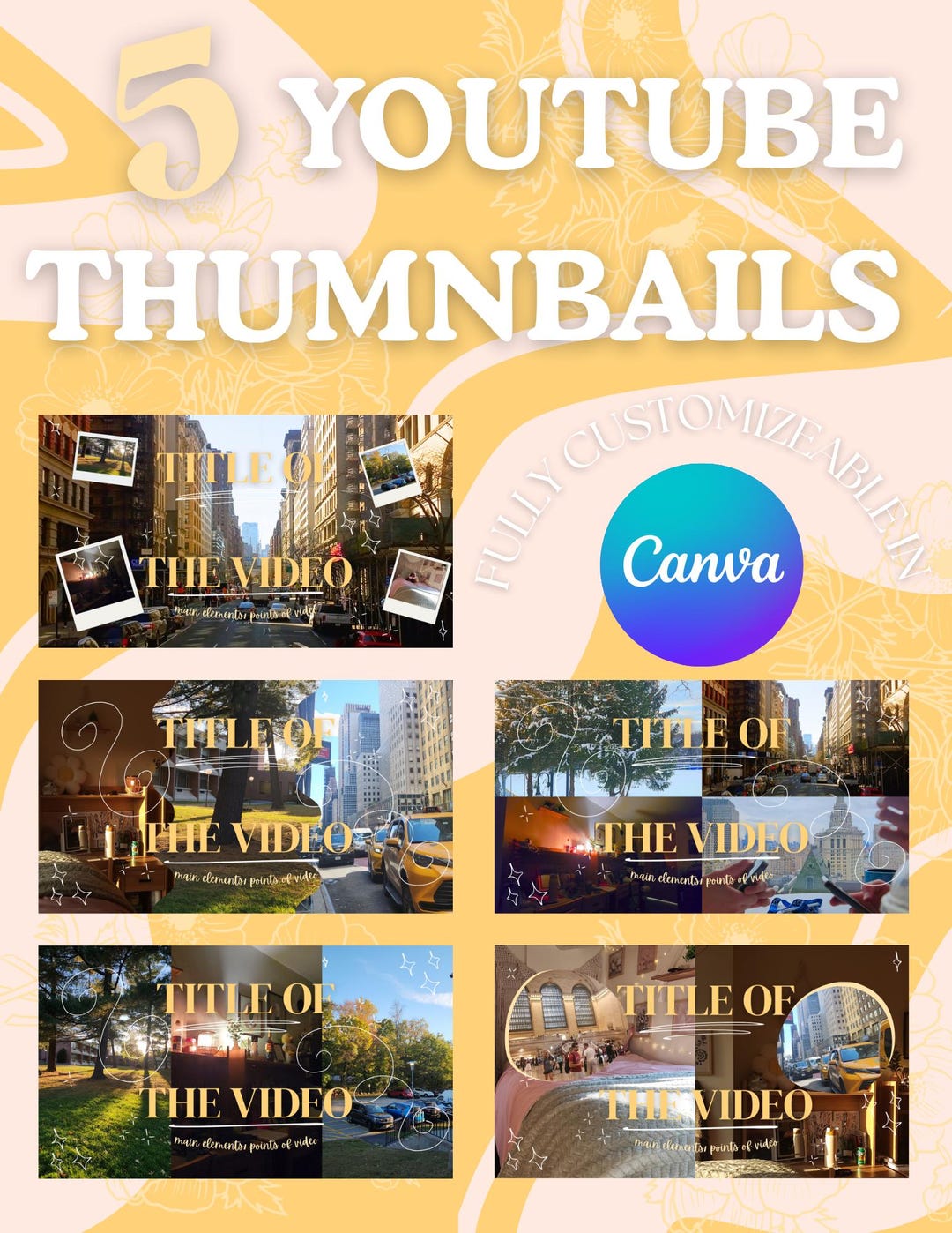 Youtube Thumbnail Templates, One Text Style With 5 Layouts, Canva ...