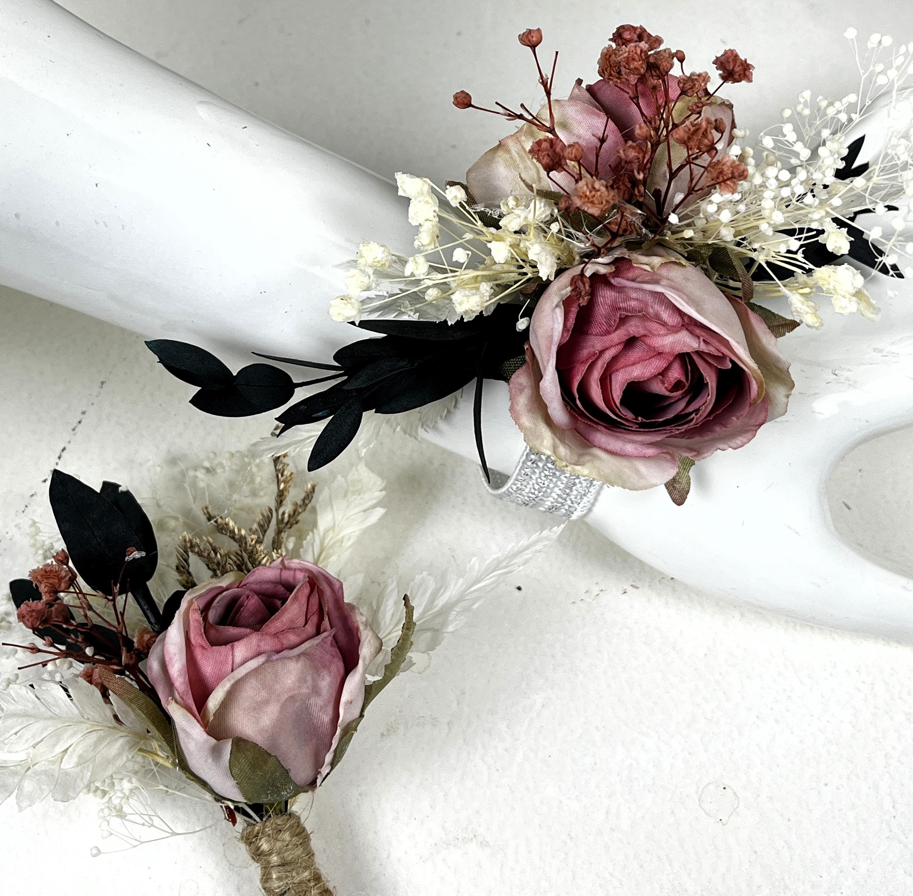Boho Victorian Wrist Corsage and Boutonniere, Dried Flower Wrist ...