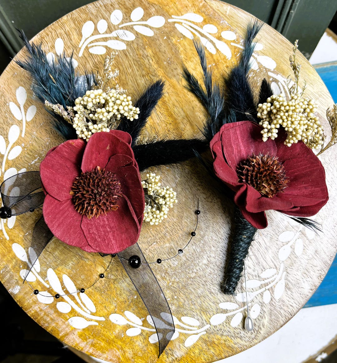 Black and Burgundy Boutonniere Wrist Corsage Fancy Occasion Formal Event Glitzy Flowers Black ...