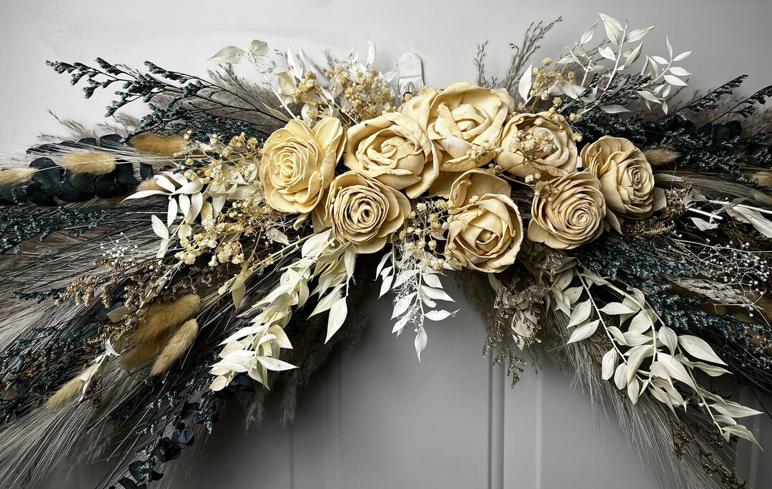 Boho Pampas Flower Swag, Dried Flower Swag, Teal and Natural Flowers ...