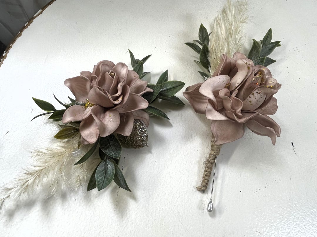 Mauve Boutonniere Wrist Corsage Fancy Occasion Formal Event Glitzy Flowers and Gold Wedding ...