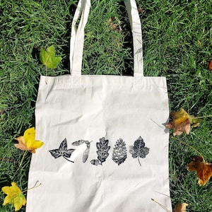 Linoprint Cotton Tote Bag, Forest Theme Natural Canvas Bag, Seeds and ...