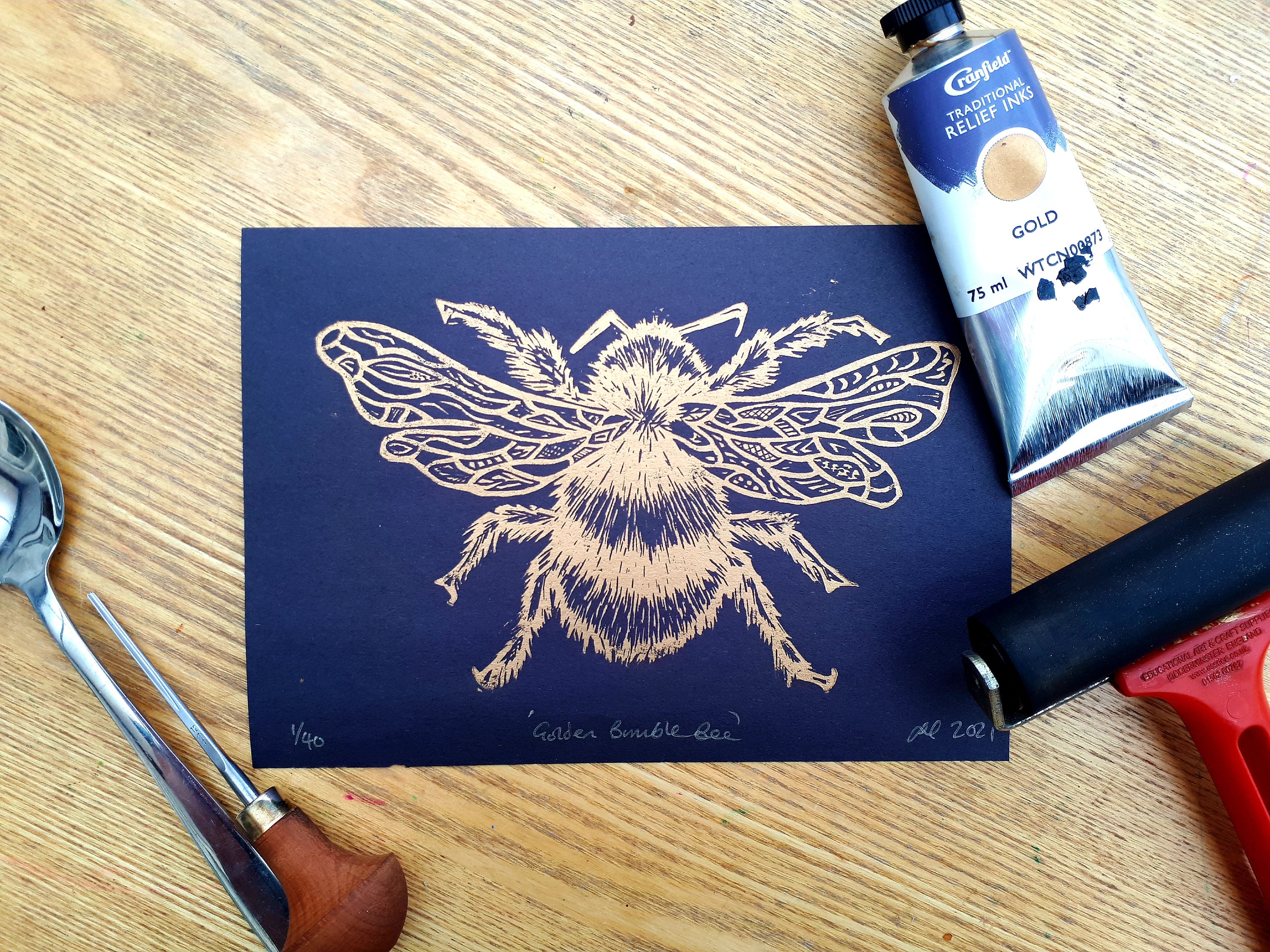 Golden Bumble Bee Linocut Wall Art Monochrome Print | Etsy