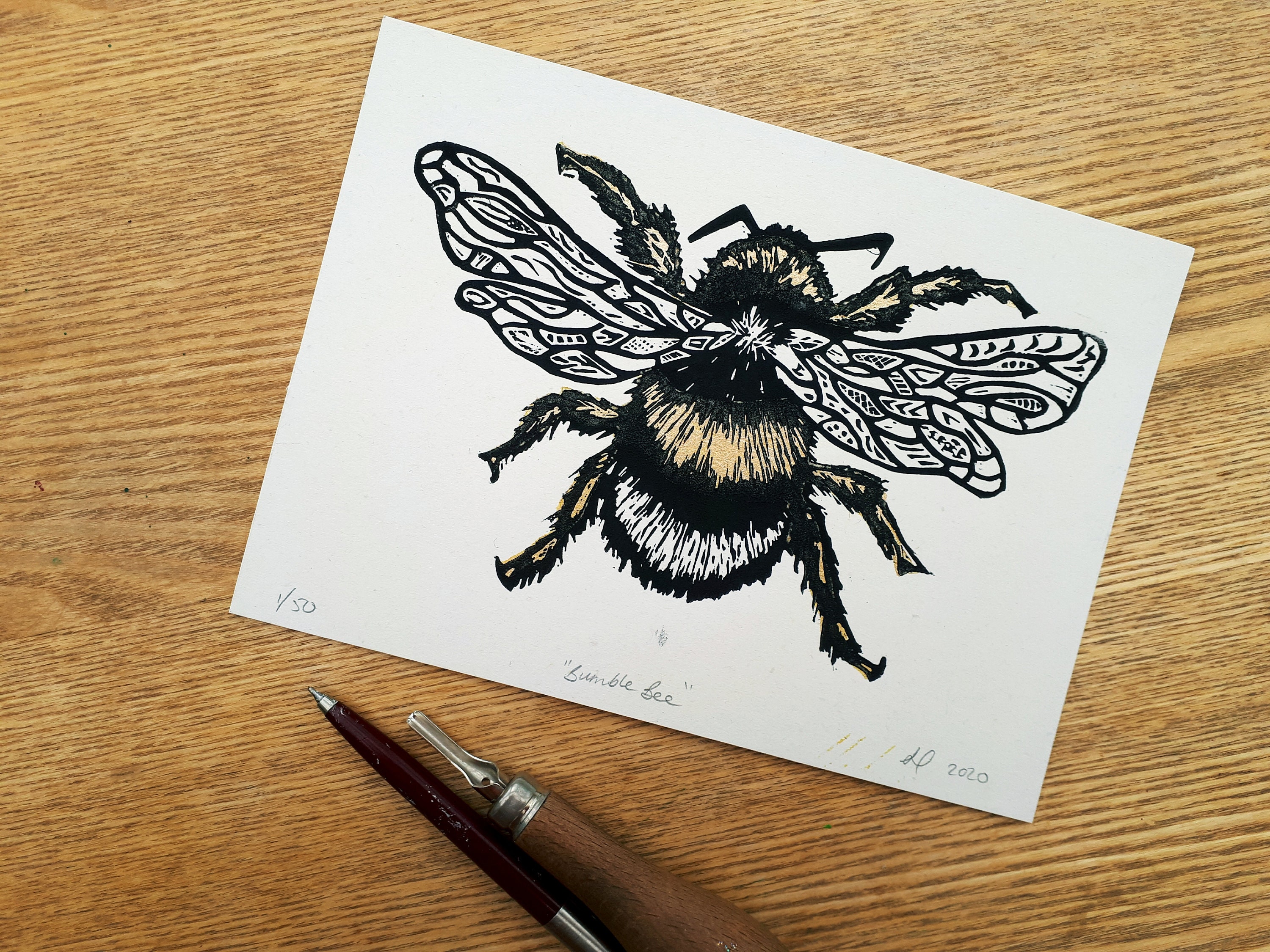 Gold Bumble Bee Linocut Print Limited Edition Artwork | Etsy UK
